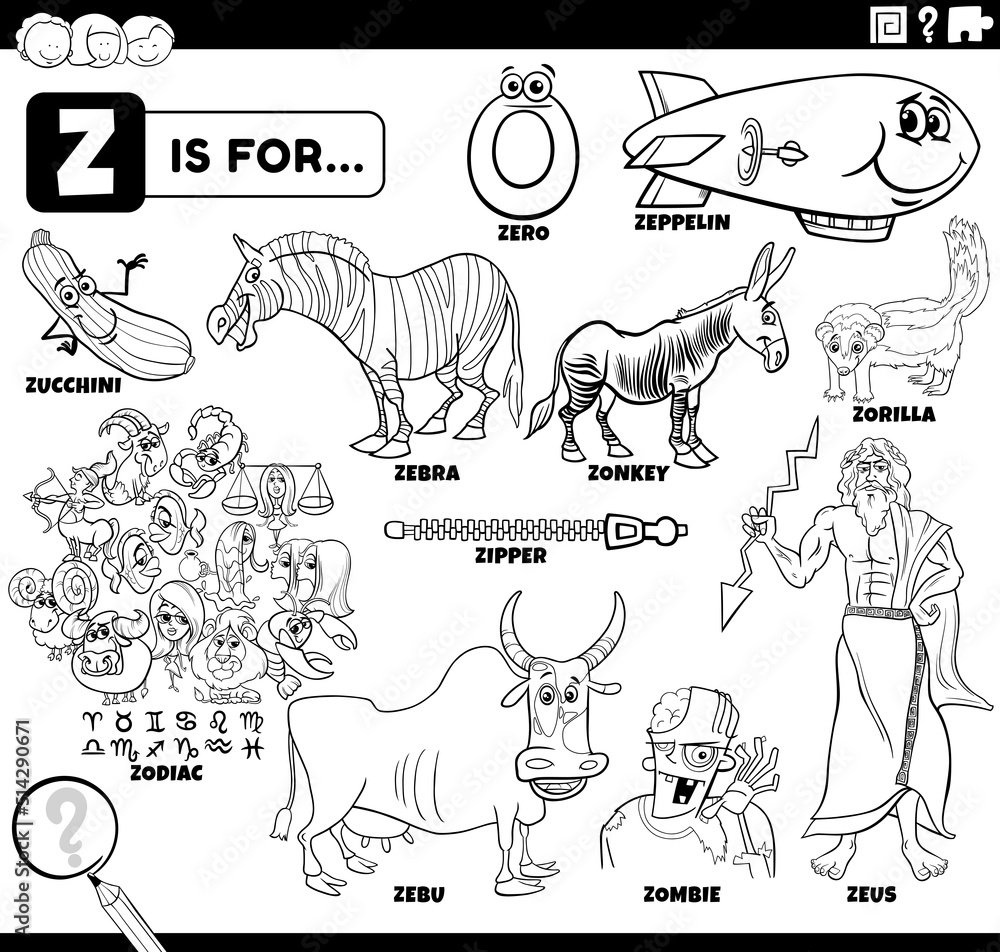 letter z words educational cartoon set coloring page Stock Vector ...
