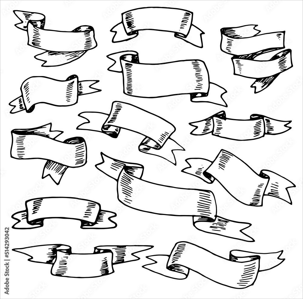 a hand-drawn set of various ribbons with a volumetric texture in the ...