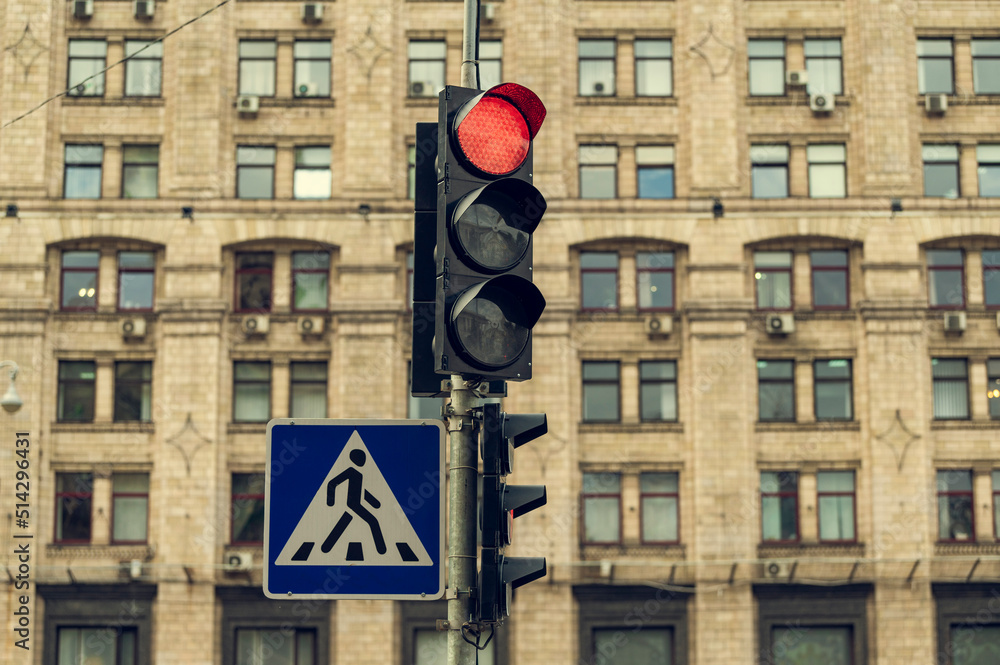 Red traffic light on, traffic stop of vehicles and pedestrians Stock ...