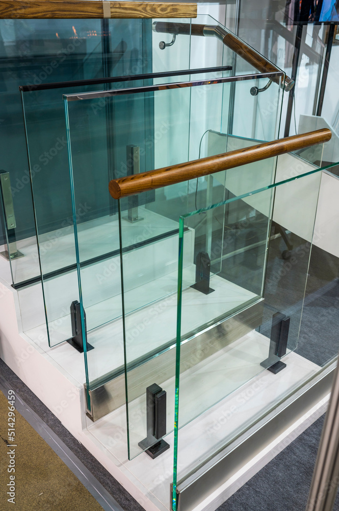 Safety glass partitions and railings with fasteners and railings Stock ...