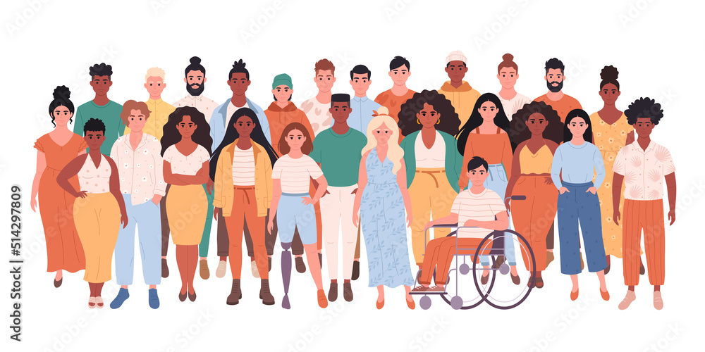 Crowd of different people of different races, body types, person with ...
