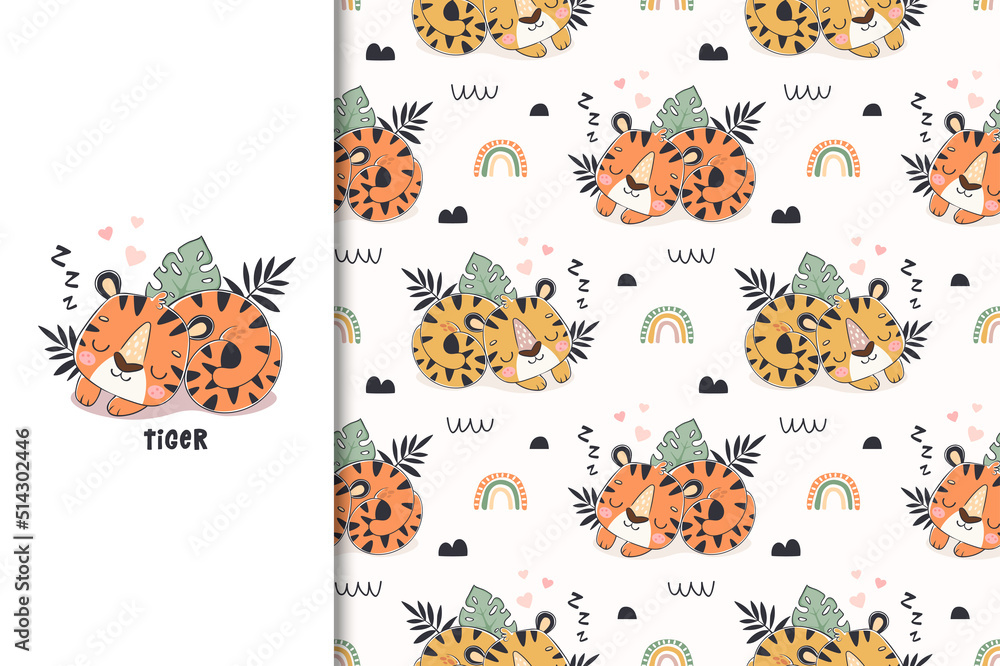 Tiger sleep cartoon vector illustration for posters, T-shirt print ...