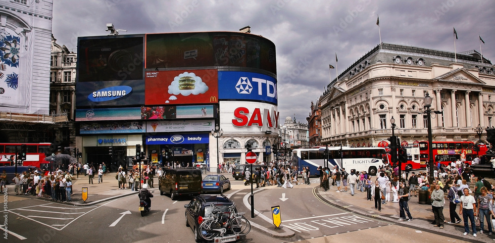 Street view of Piccadilly Circus, bus driver's view Stock Photo | Adobe ...