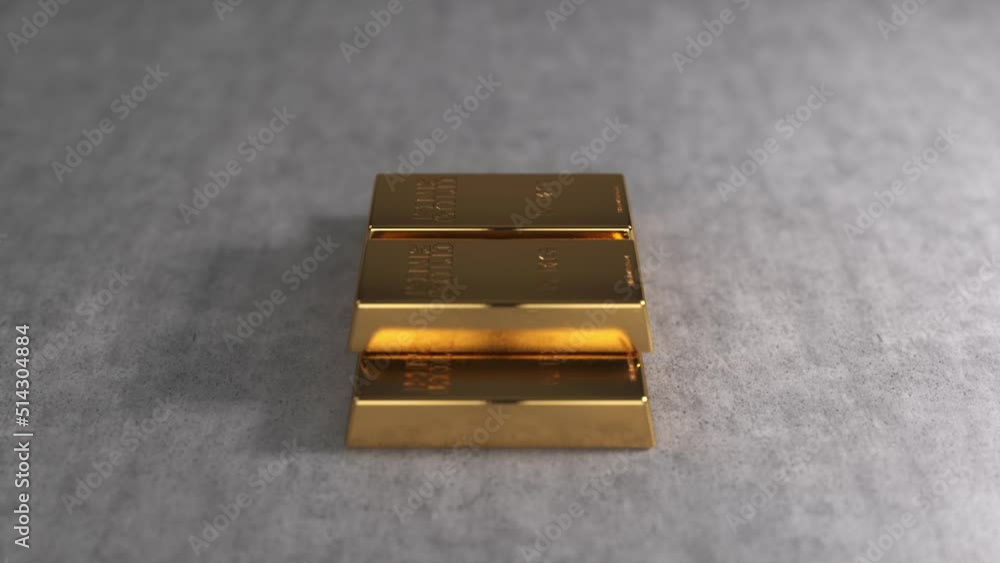 Gyratory view of five bullions. A stack of gold bars on a white ...