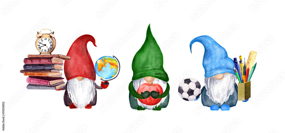 School gnome set with books, globe, ball, pen, pencils, clocks ...