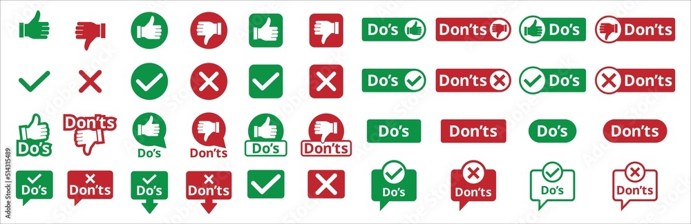 Do's and don'ts icon set. To do and not to do icons. Recommended or not ...