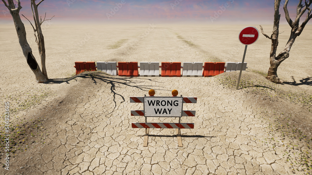 Wrong Way sign in a straight road in the desert to infinity, 3D ...