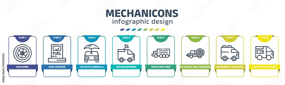 mechanicons infographic design template with car wheel, fuel counter ...