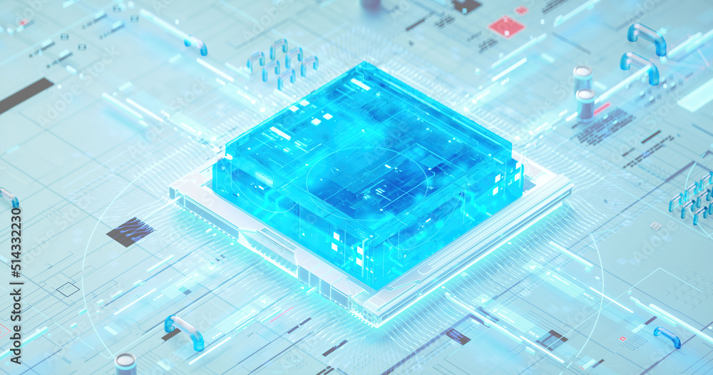 3D rendering of cyberpunk AI. Circuit board. Technology background ...