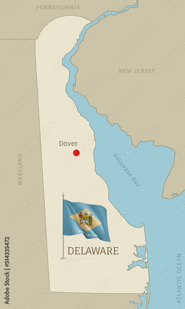 Map of Delaware federal state with waving flag. Highly detailed ...