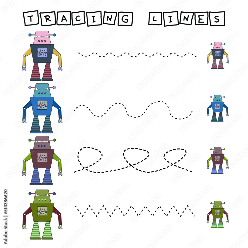 Trace line worksheet with robots for kids, practicing fine motor skills ...