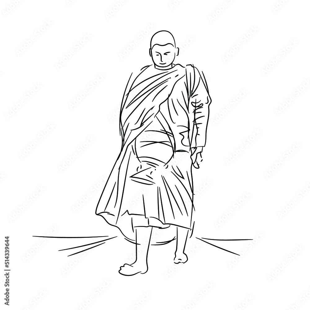 Black and white drawing of monks walking for alms in the morning ...