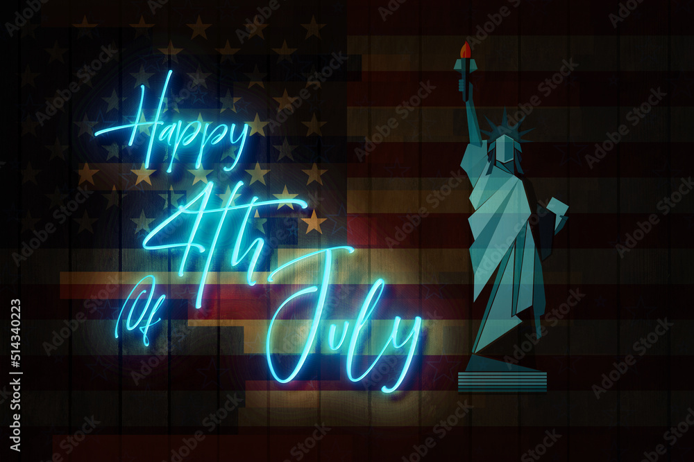 Happy 4th of July neon sign on a Dark Wooden Wall with the Stars and ...