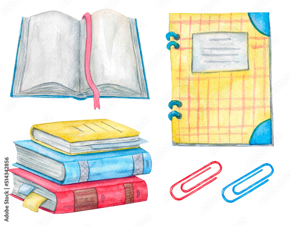 Set of school supplies, open book, stack of books, notebook, paper ...