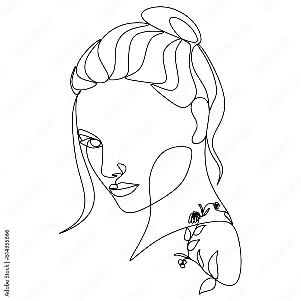 Goddes woman face with flowers vector line art Stock Vector | Adobe Stock