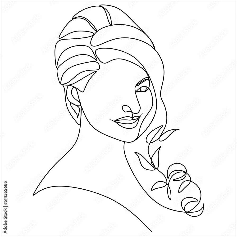 Goddes woman face with flowers vector line art Stock Vector | Adobe Stock