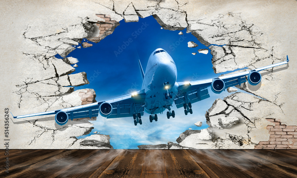 Illustration of a plane taking off through a hole in a broken wall. The ...