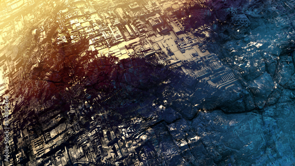 Metallic alien landscape in sunset colors. Science fiction circuit ...