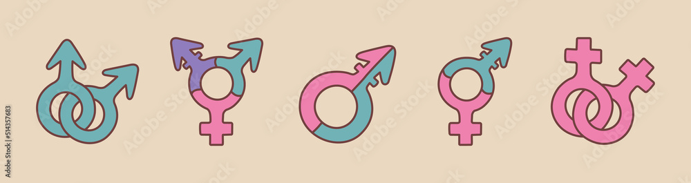 Doodle set icons of gender symbols and its combinations in pink and ...
