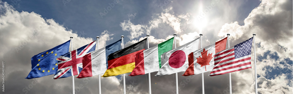 G7 summit. flags of members of G7 group of seven and list of countries ...