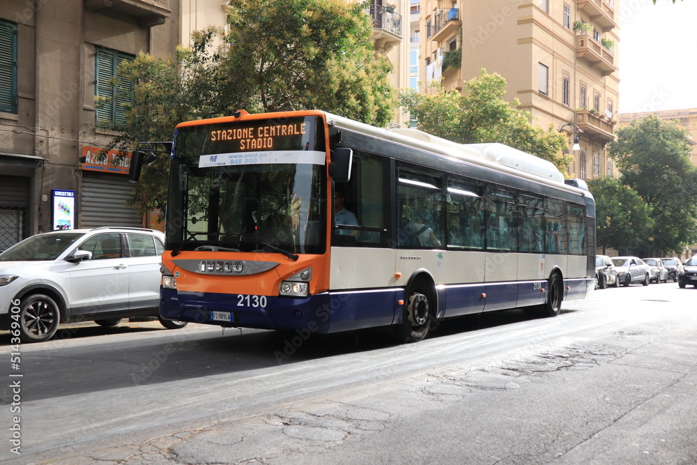 Palermo, Sicily (Italy) – July 1, 2022: AMAT Local Bus in downtown of ...