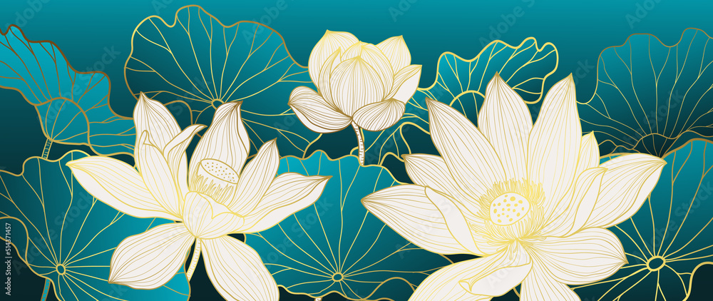 Golden Lotus Line Art Vector In Green Background Luxury Watercolor Wallpaper With Lotus Flower