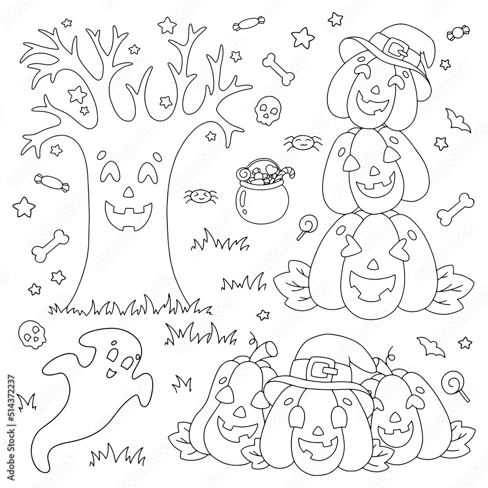Coloring book page for kids. Halloween theme. Cartoon style character ...