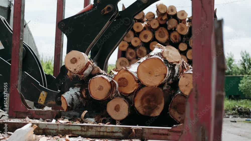 Video Stock Unloading a log truck, unloading logs at a sawmill ...
