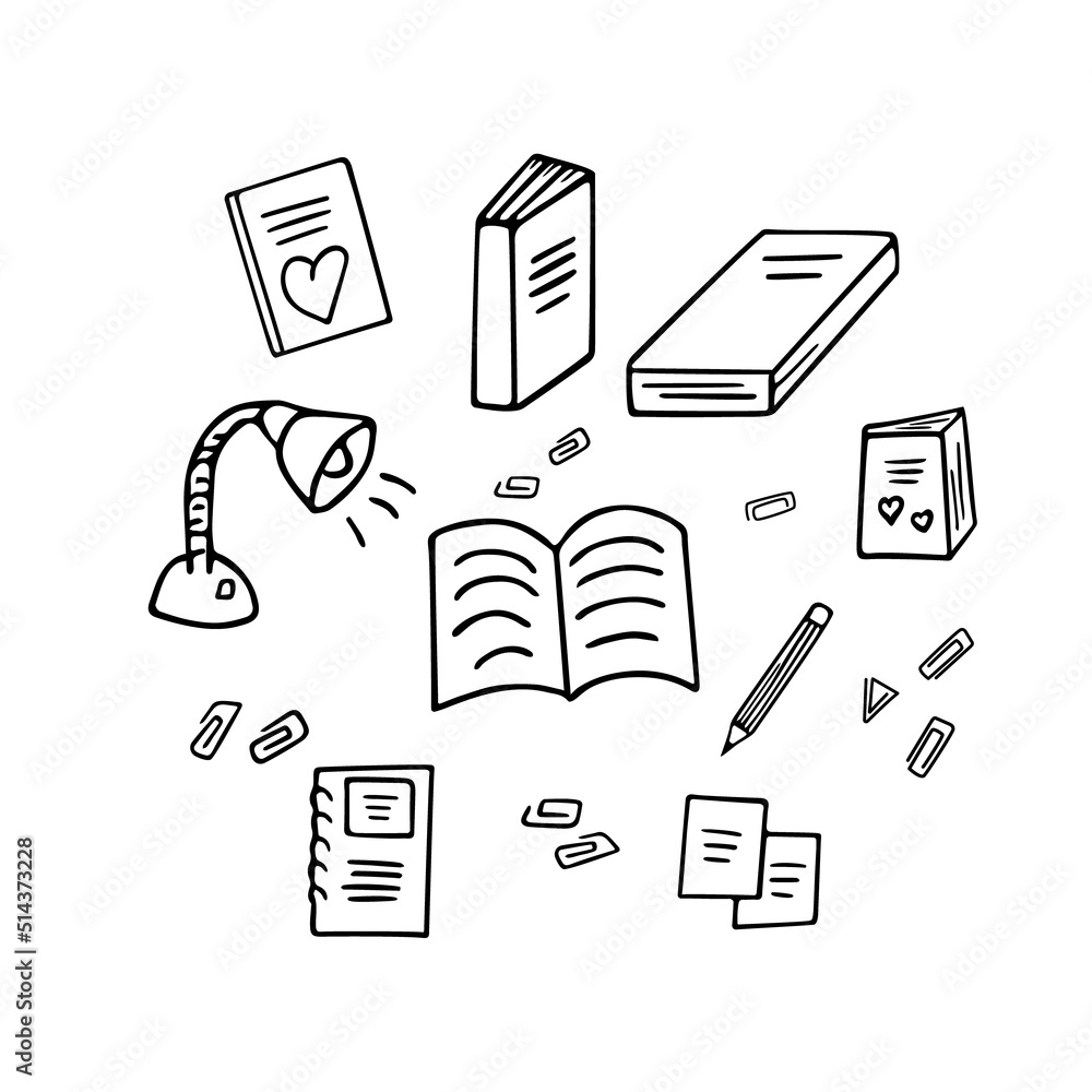 Back to school concept doodle, hand drawn books, notebooks, pencil ...