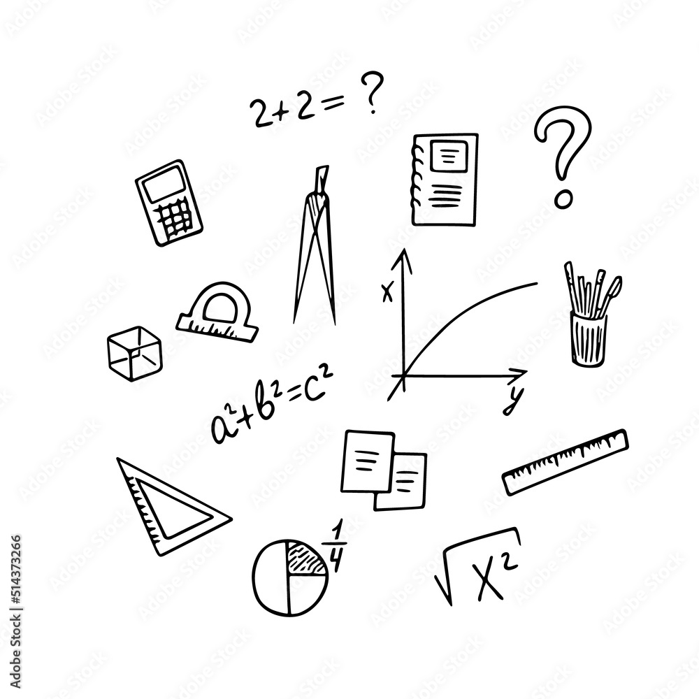 Back to school concept doodle,hand drawn notebook,math formulas,compass ...
