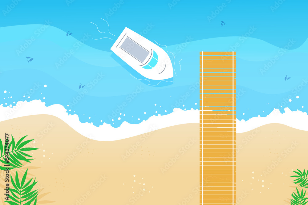 Top view of a pier on the seashore with white yacht and sandy beach ...