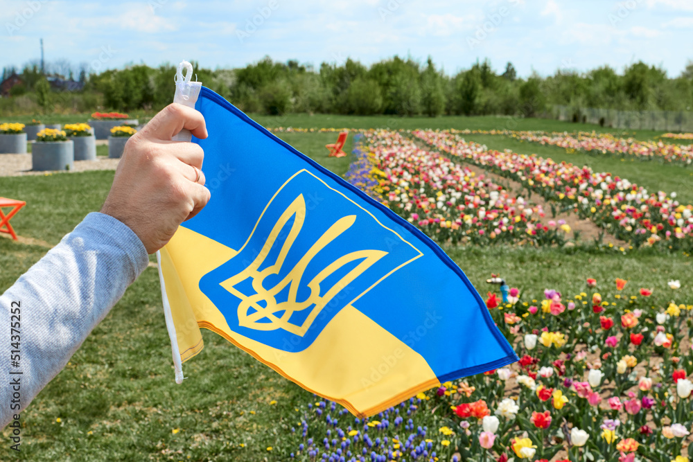 Hand holding Ukrainian flag on yellow-blue background. Kids support ...