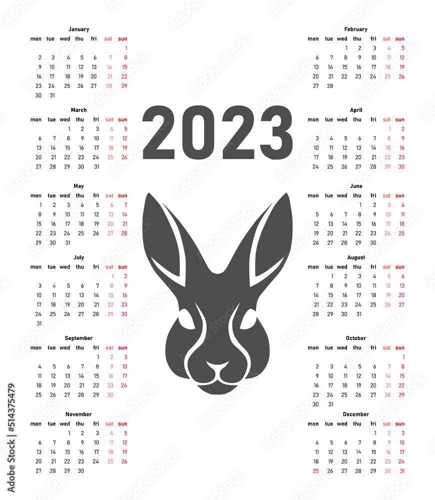 Calendar template for 2023. 2023 is year of rabbit. Week starts on ...