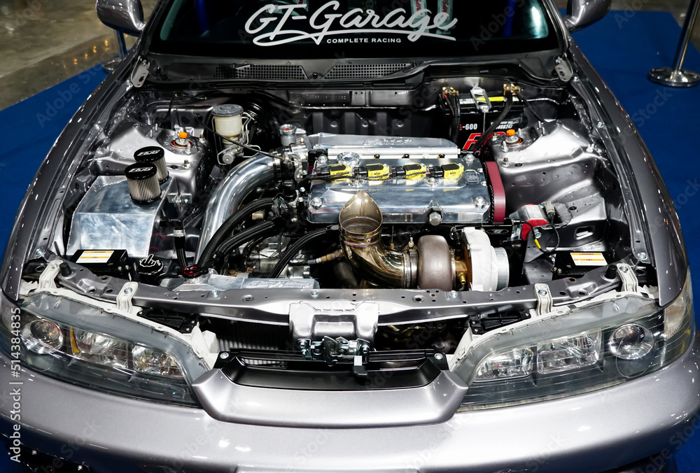Bangkok, Thailand - 1 july 2022: details of car engine. Modification of ...