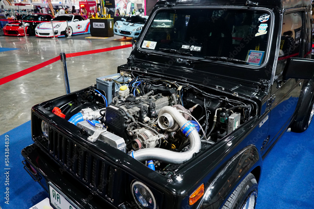 Bangkok, Thailand - 1 july 2022: details of car engine. Modification of ...