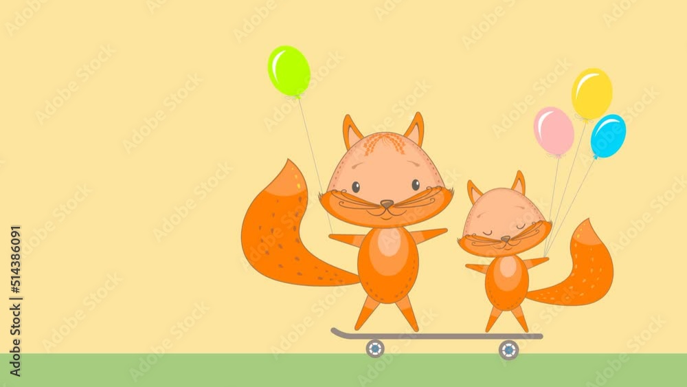 Funny animals, Two little foxes riding a skateboard. Animation in ...