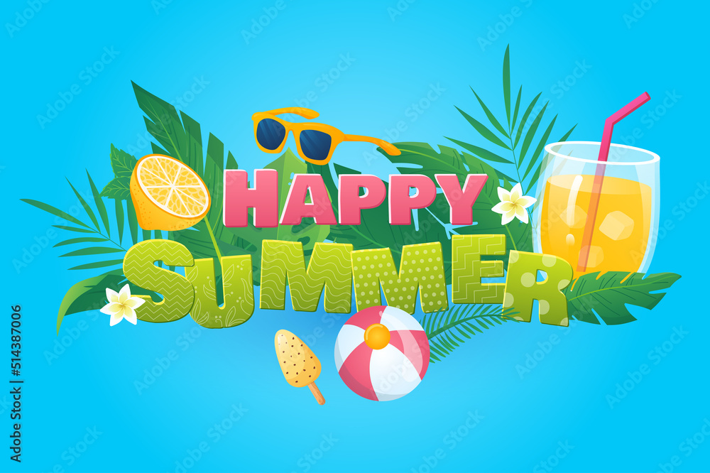 Happy summer background in flat cartoon design. Wallpaper with text and ...