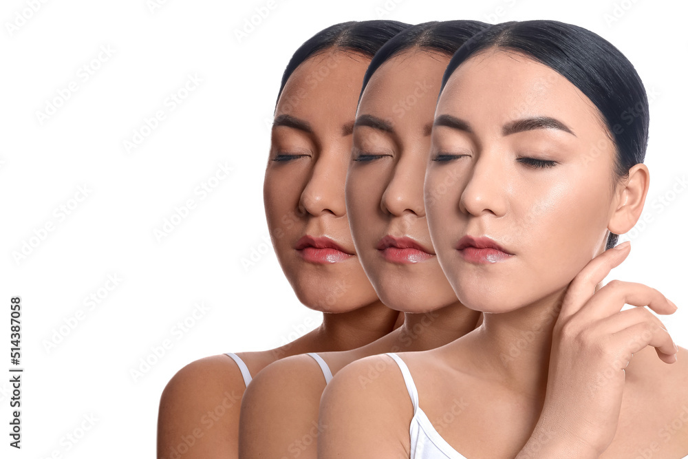 Set of beautiful young Asian woman on white background. Process of ...