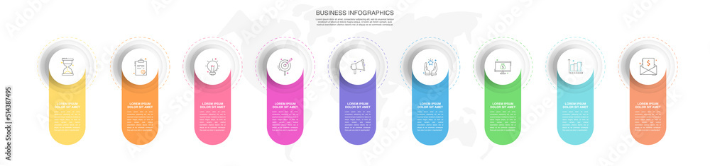 Modern vector infographics design template. Concept with 9 steps, labels. Creative timeline with ...