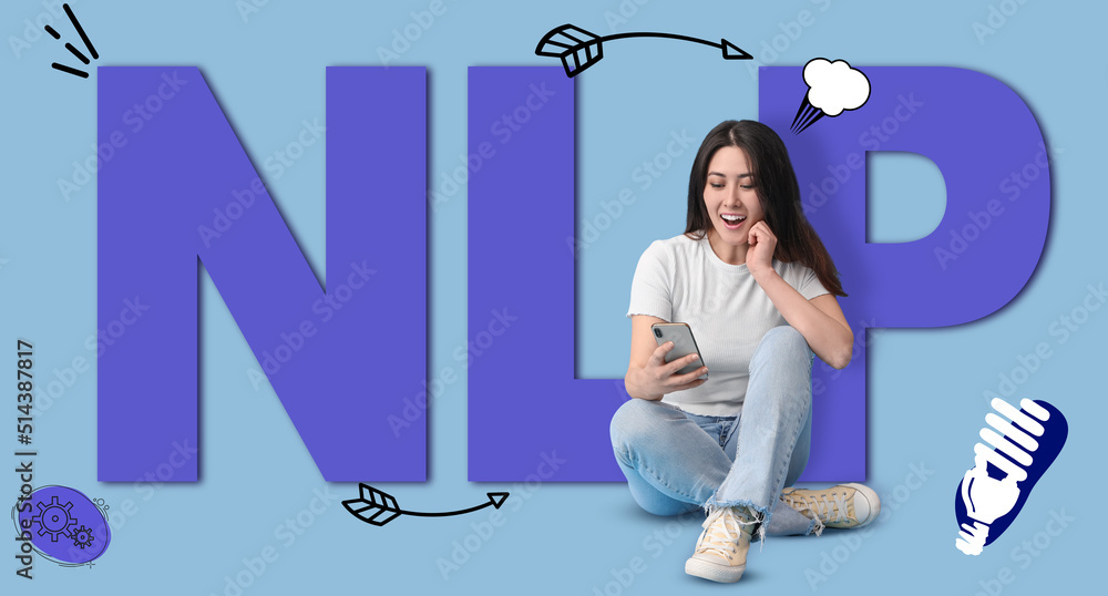 Collage with young Asian woman using smartphone and word NLP on blue ...