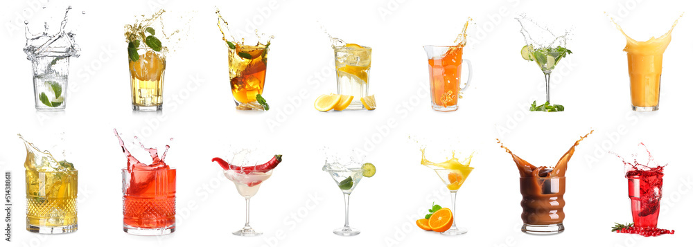 Set of different drinks with splashes isolated on white Stock Photo ...