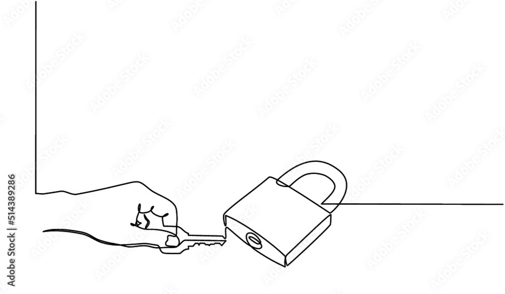Continuous one line drawing of the concept of a hand holding a key with ...