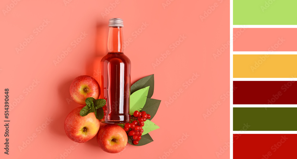 Bottle of fresh soda and fruits on pink background. Different color ...