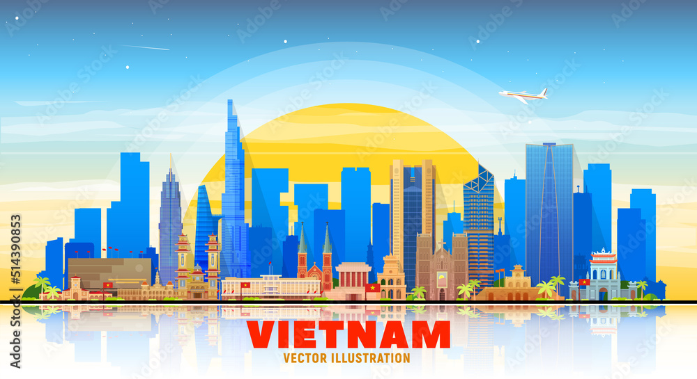 Vetor de Vietnam (Ho Chi Minh, Hanoi and other) skyline with panorama ...