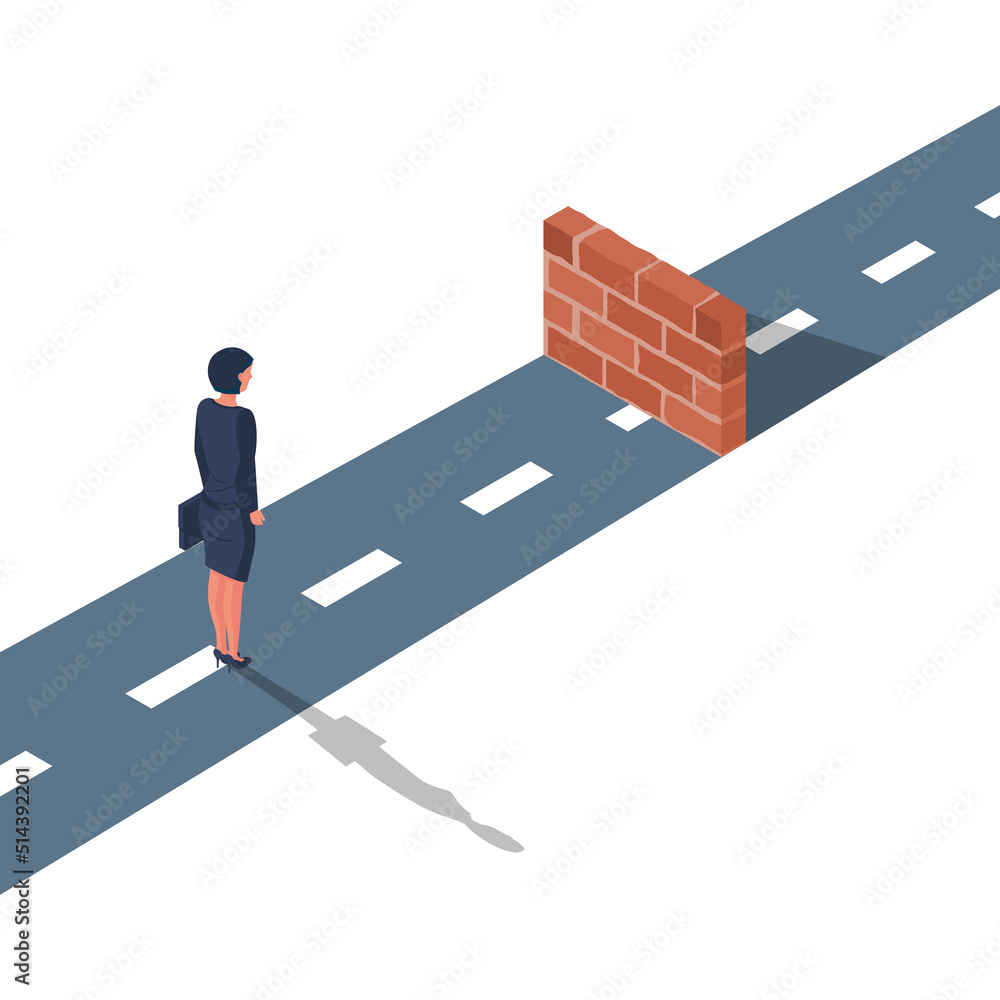 Dead end concept. The businesswoman is on the way before the dead end ...