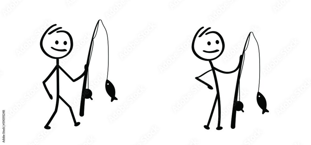 Cartoon drawing stickman, stick figure man with casting rod. fishing ...
