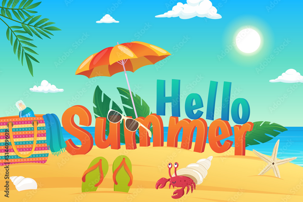 Hello summer background in flat cartoon design. Wallpaper with sea ...