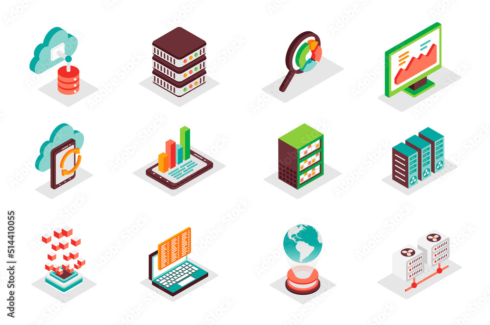 Big data concept 3d isometric icons set. Pack isometry elements of ...