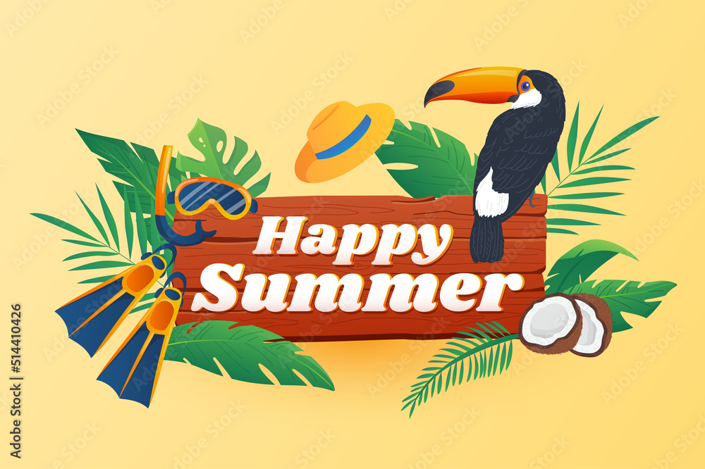 Happy summer background in flat cartoon design. Wallpaper with text and ...