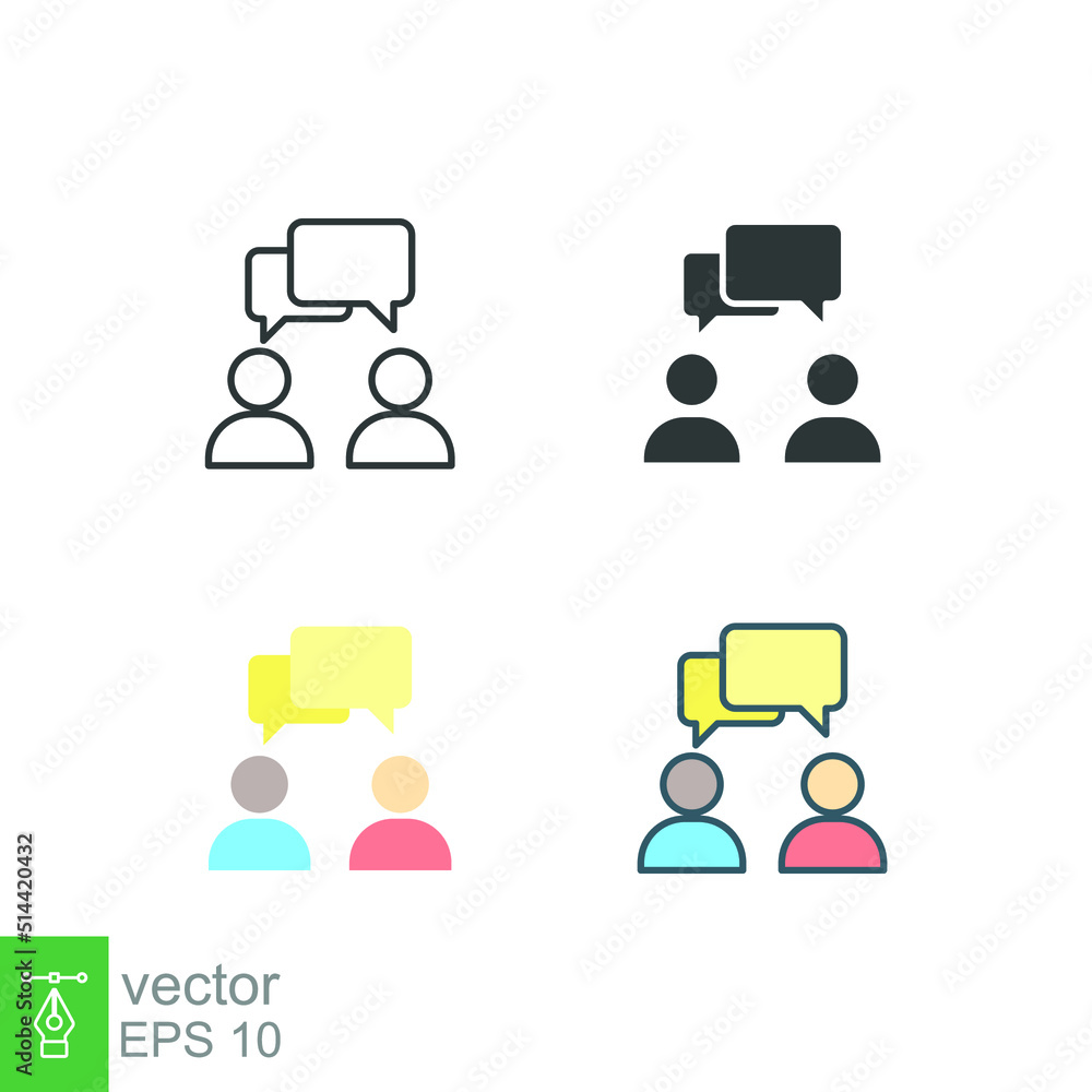 Talk icon. Simple outline, solid, flat style. People, two, person, 2 ...
